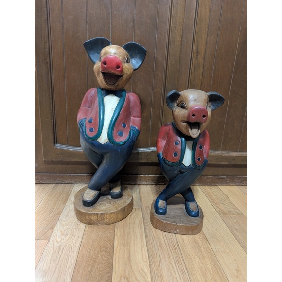 Art | Vtg Folk Art Hand Carved Wooden French Pigs Wood Pig Boar 2 ...